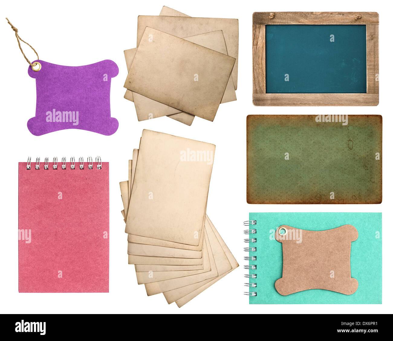 set of various paper sheets and boards. vintage photo album and book ...