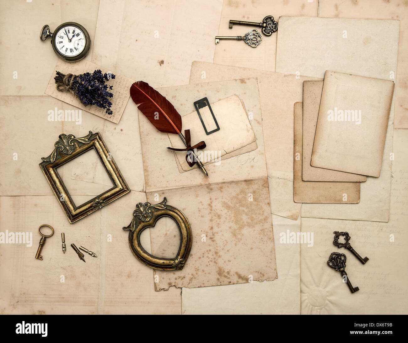 nostalgic sentimental background with vintage accessories, old letters ...