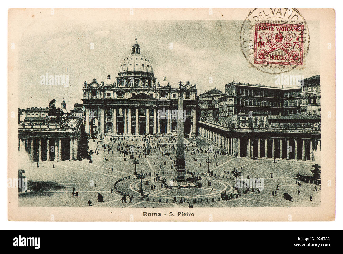 ITALY - CIRCA 1933: Vintage post card with stamp from Vatican. Basilica ...