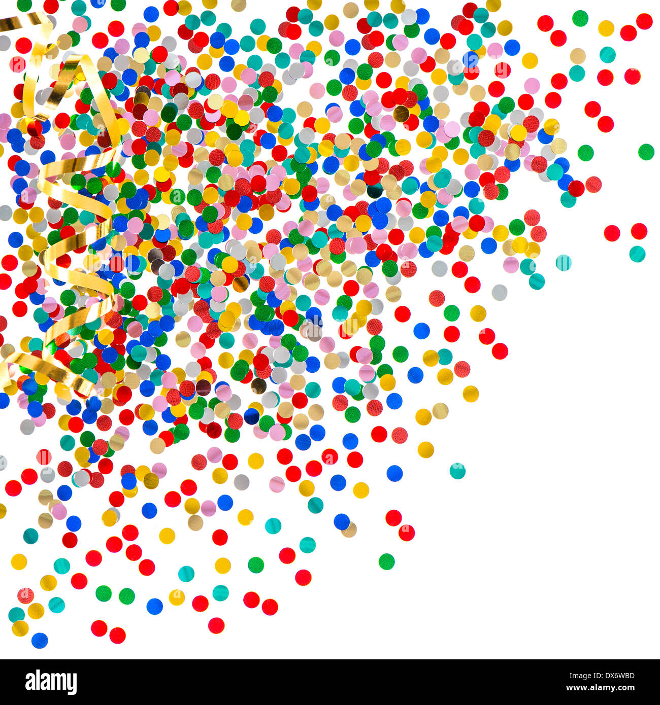 colorful assorted confetti with golden serpentine on white background ...
