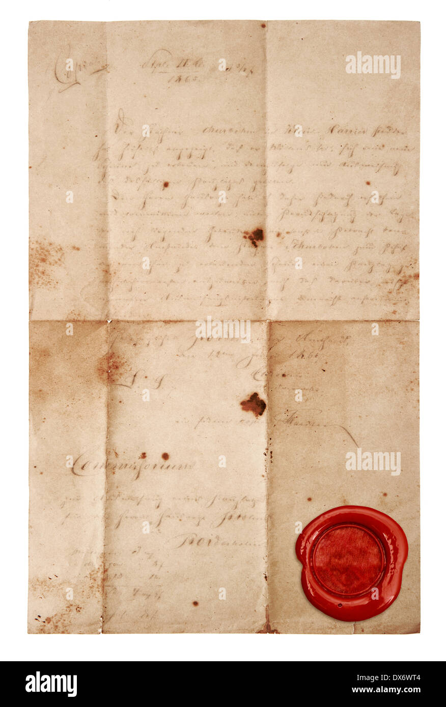 grunge antique paper sheet with red wax seal isolated on white ...
