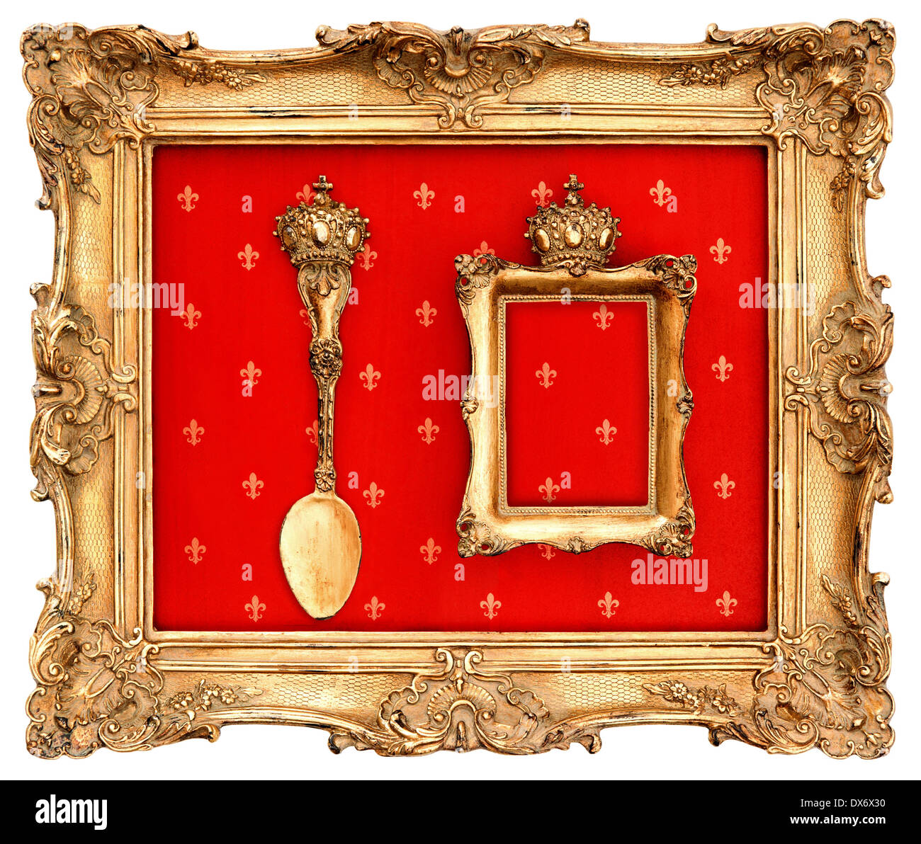 old golden frame with red background. beautiful vintage object Stock ...