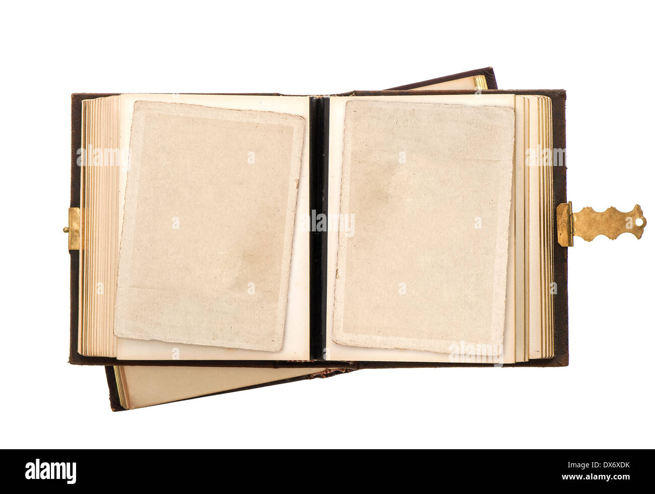 open antique album with empty photo cards isolated on white background ...