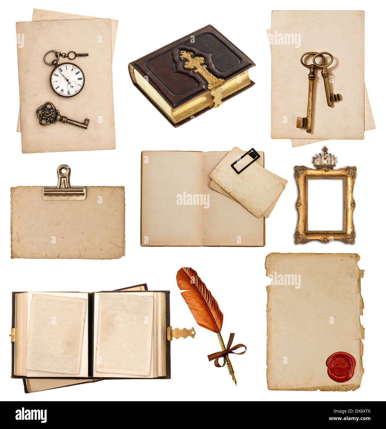 old paper sheets with vintage accessories isolated on white background ...