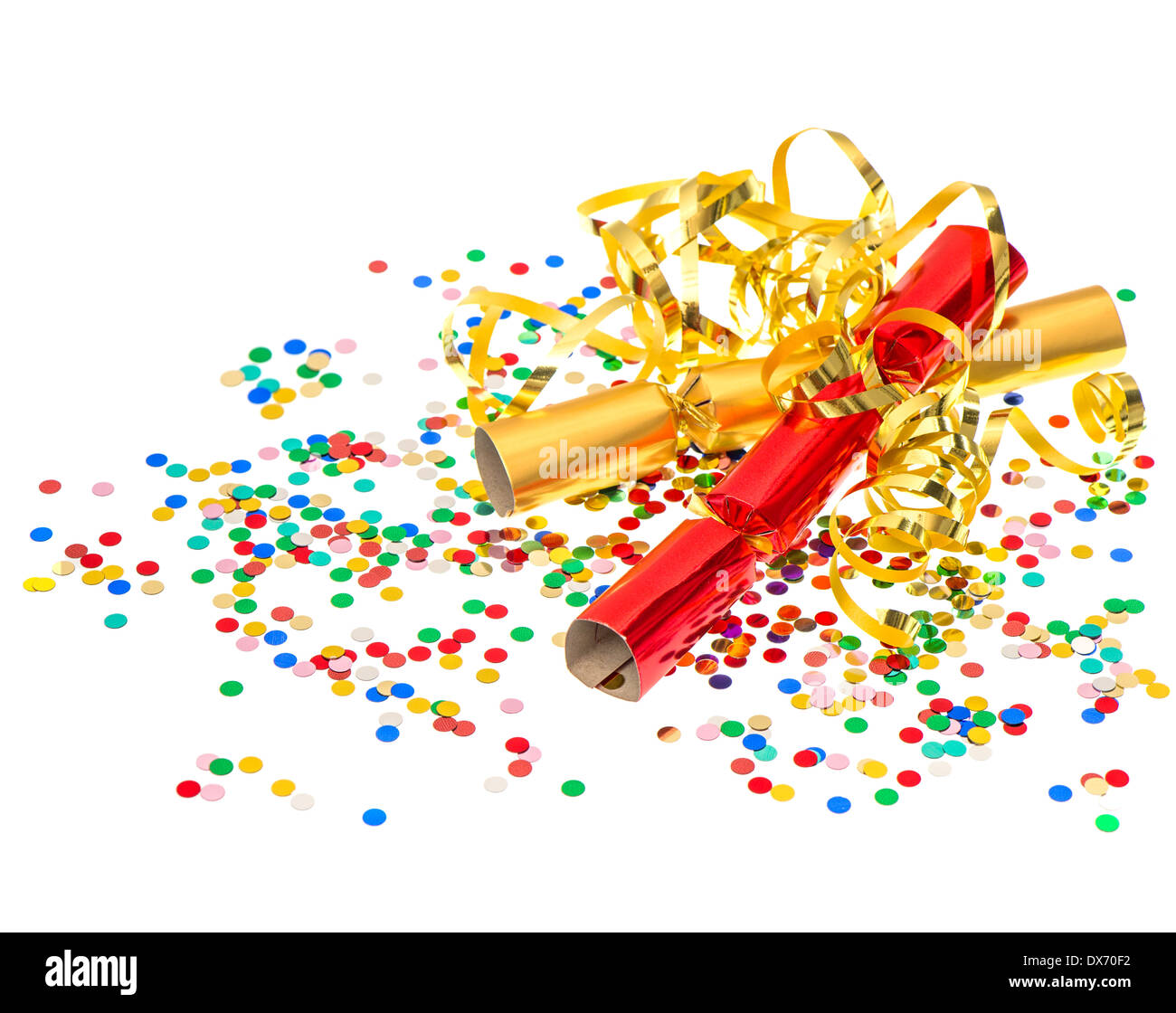 golden streamer, party cracker and multicolor confetti over white ...
