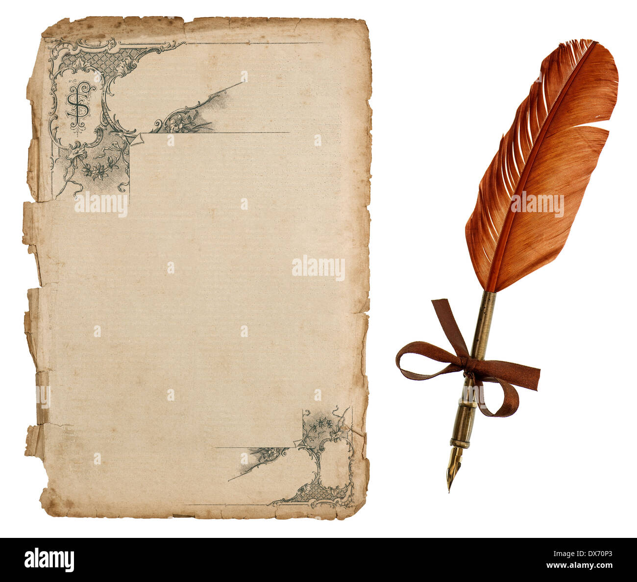 antique paper sheet with victorian ornament and vintage ink pen ...