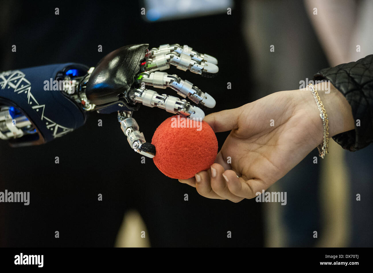 Lyon, France - 19 March 2014: the hand of iCub robot by the Italian ...