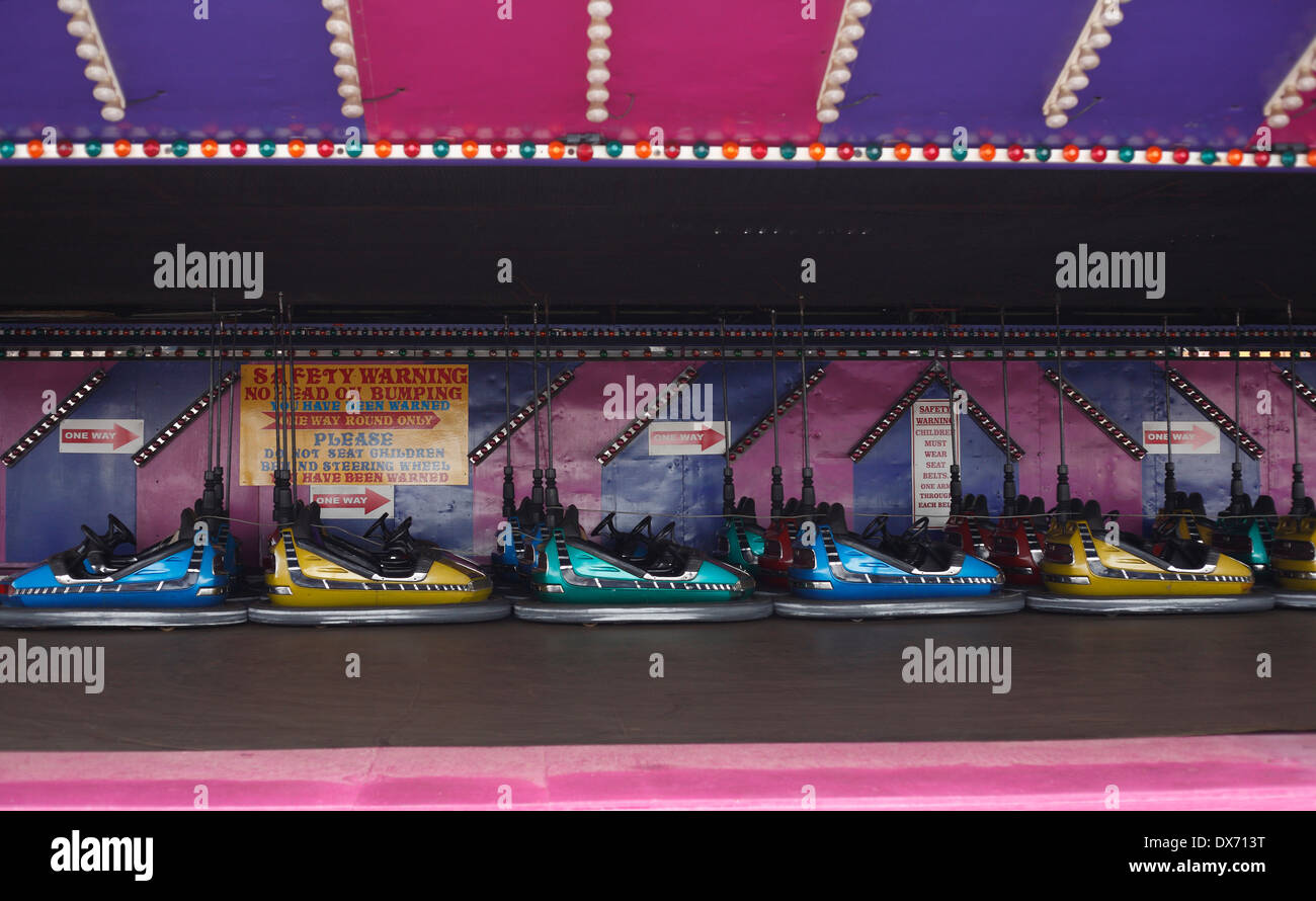 Bumper cars at rest during the winter closed season at the funfair ...