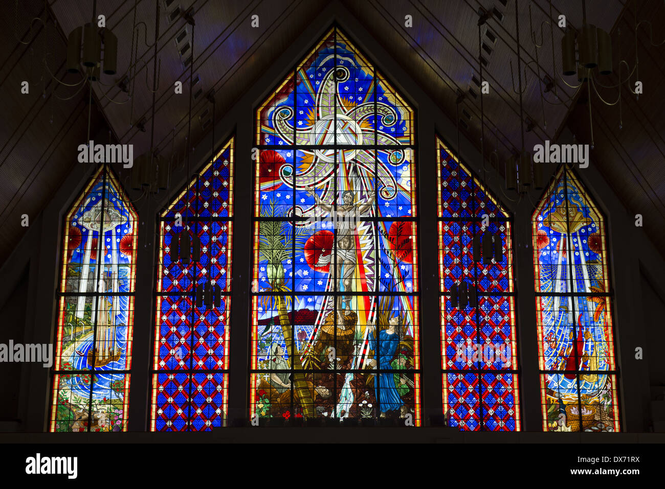 Holy Trinity Cathedral. The modern stained- glass windows at the back ...