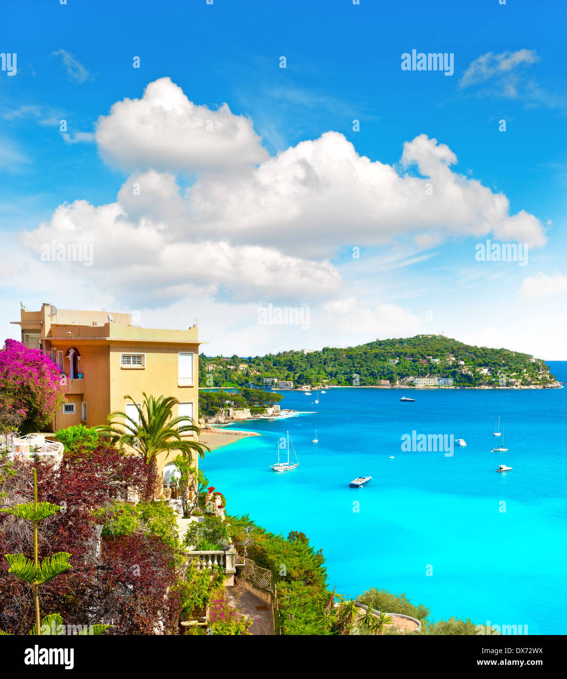 beautiful mediterranean beach landscape, view of luxury resort and bay ...