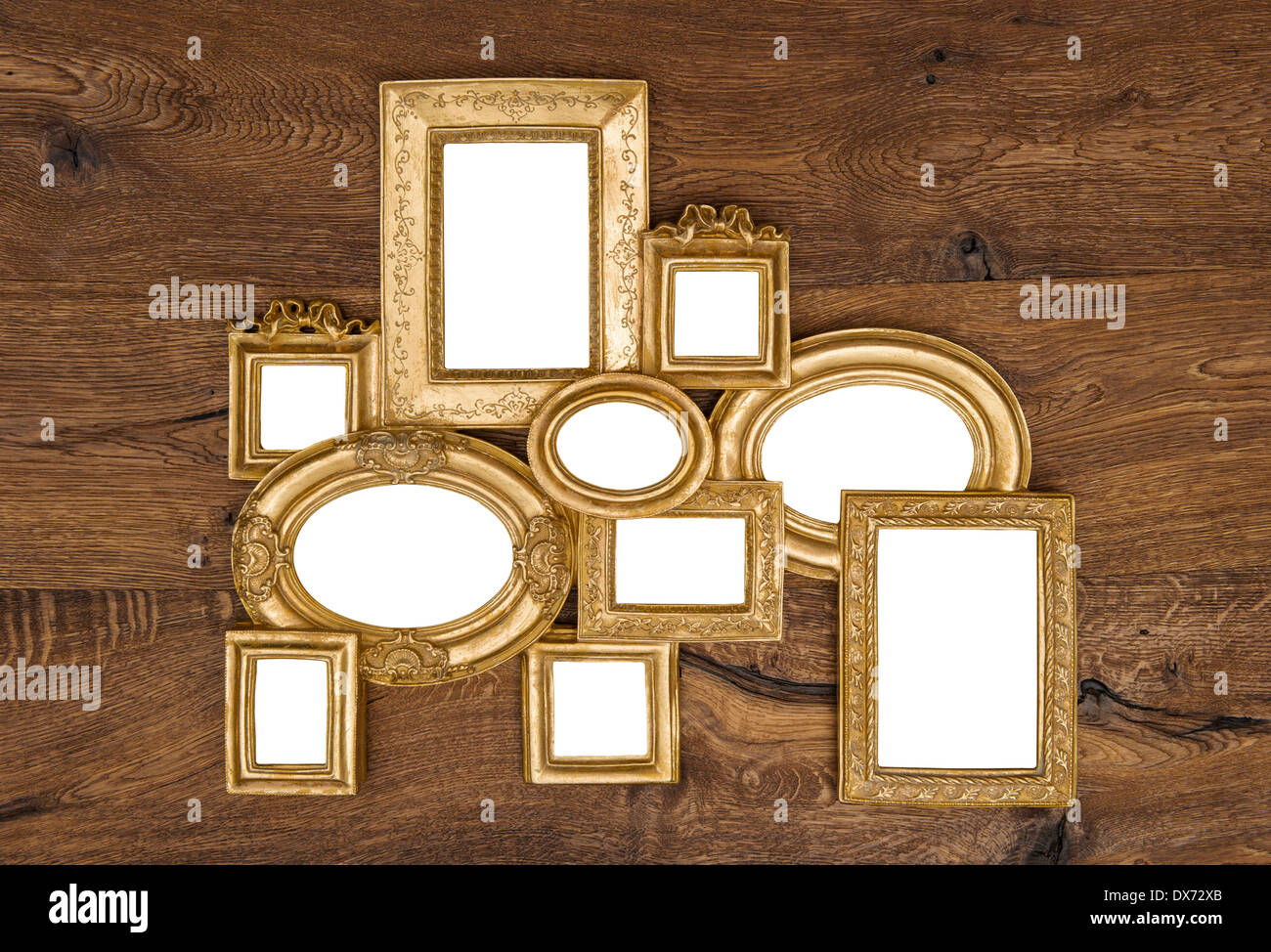 antique golden framework over rustic wooden wall. vintage background ...