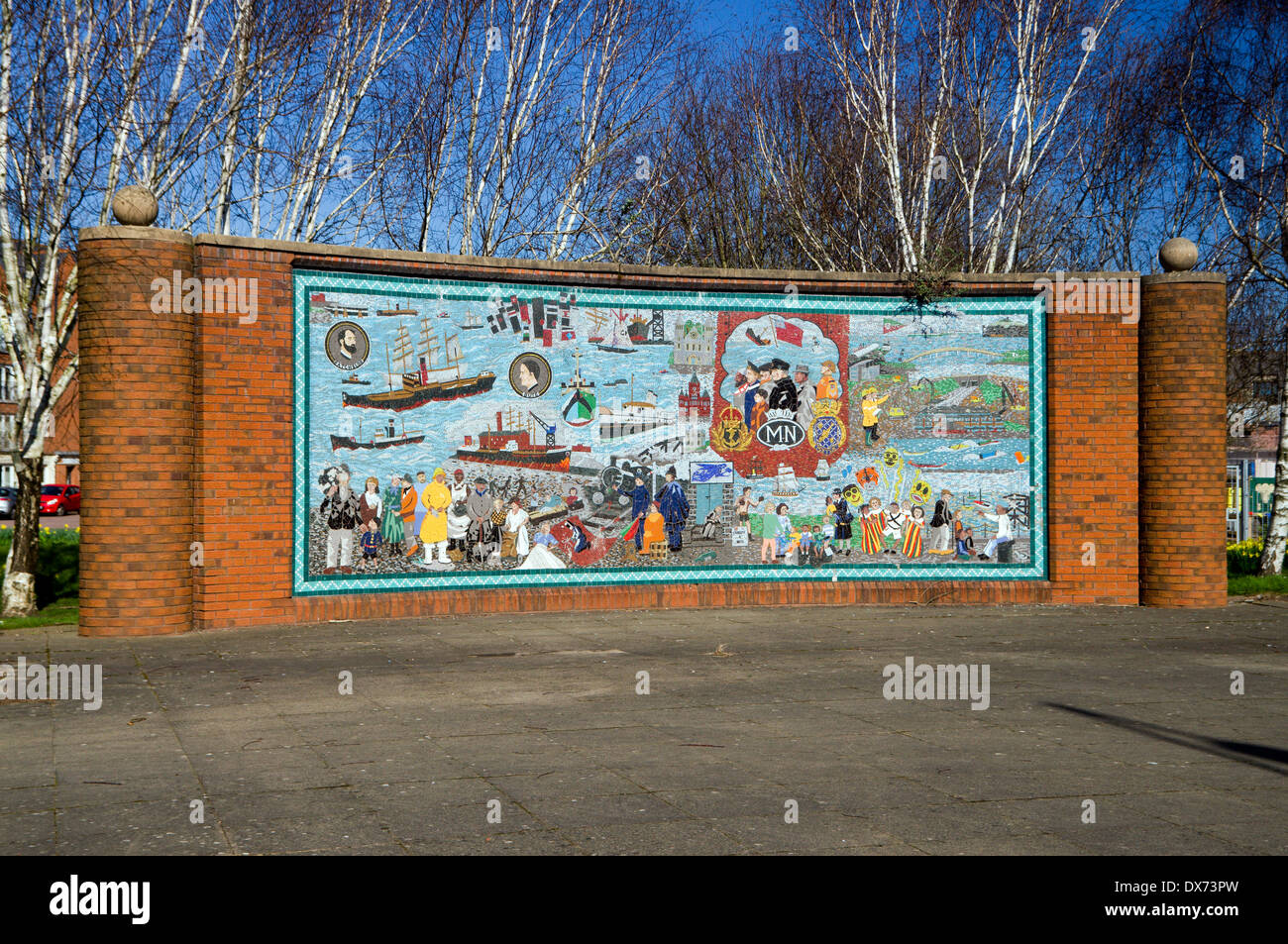"The Pioneers" mosaic, Stuart Street, Cardiff Bay, Wales Stock Photo ...
