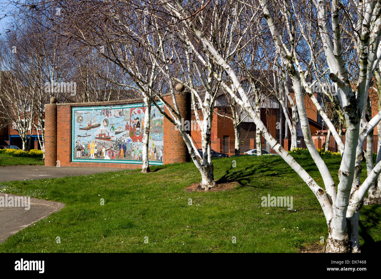 "The Pioneers" mosaic, Stuart Street, Cardiff Bay, Wales Stock Photo ...