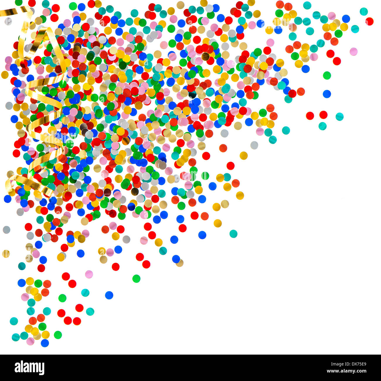 colorful assorted confetti with golden serpentine on white background ...