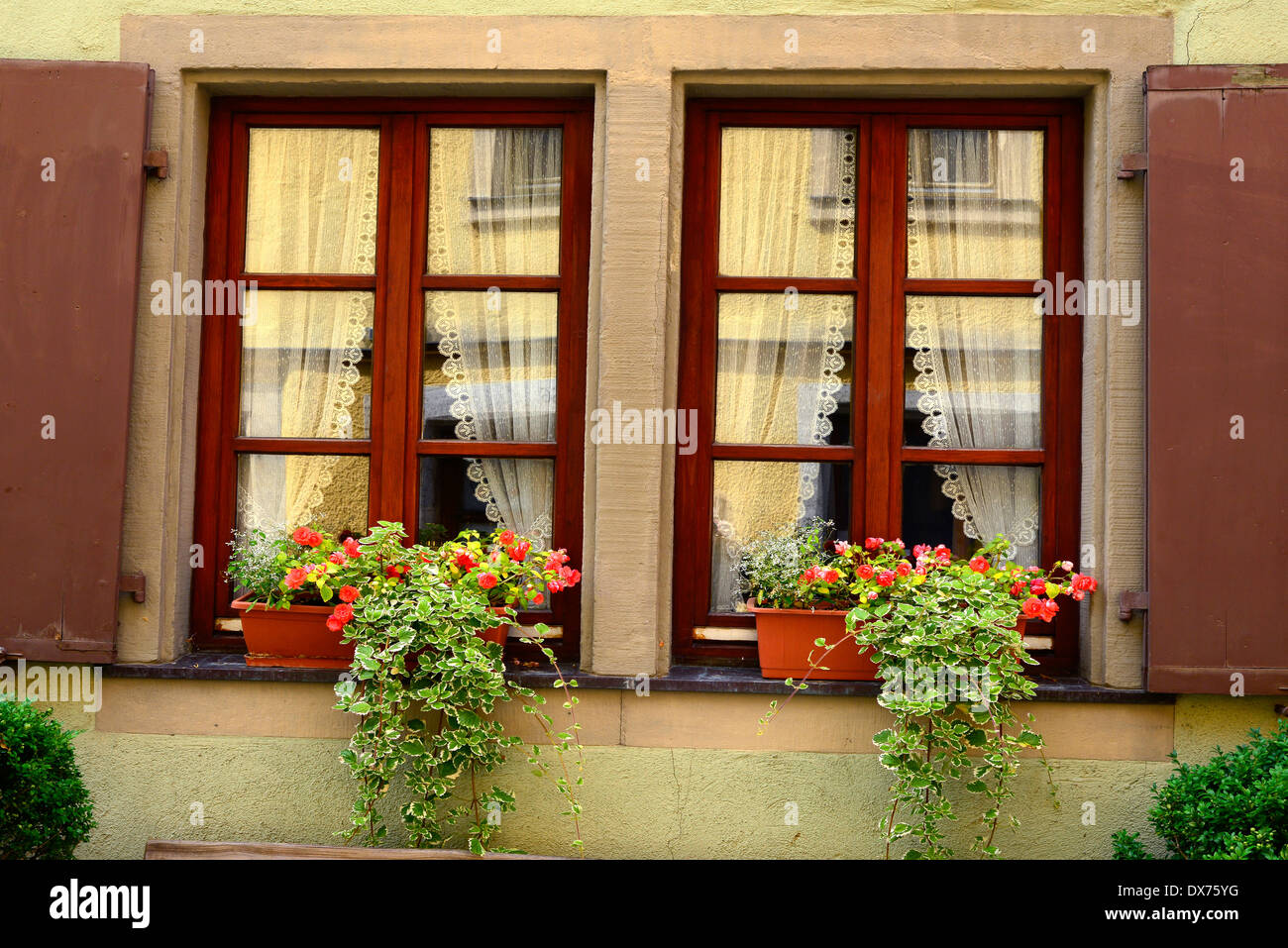 Windows Flower Boxes Rothenburg Germany DE Franconia Bavaria Stock ...