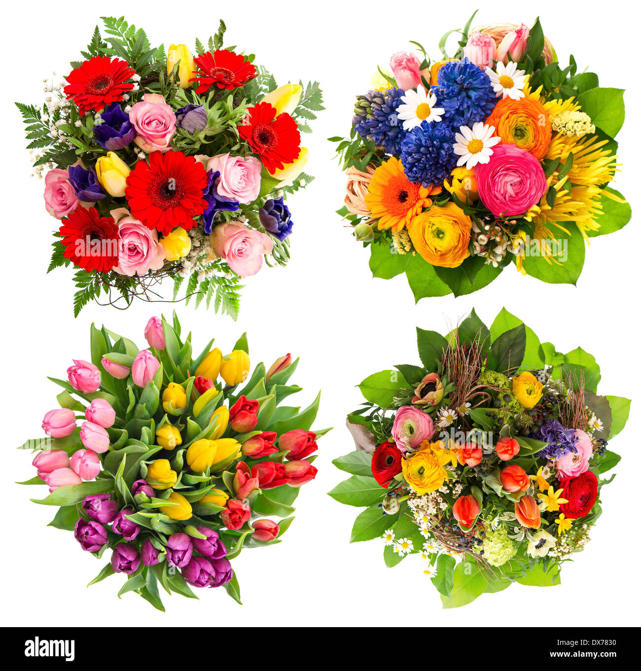 top view of four colorful flower bouquets for Birthday, Wedding ...