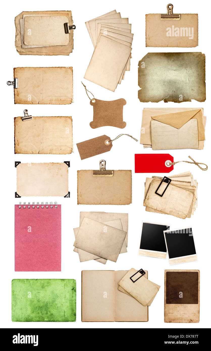 set of various old paper sheets and tags. vintage photo album and book ...