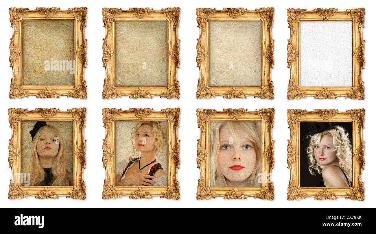 old golden frame with different empty grunge cracked canvas and ...