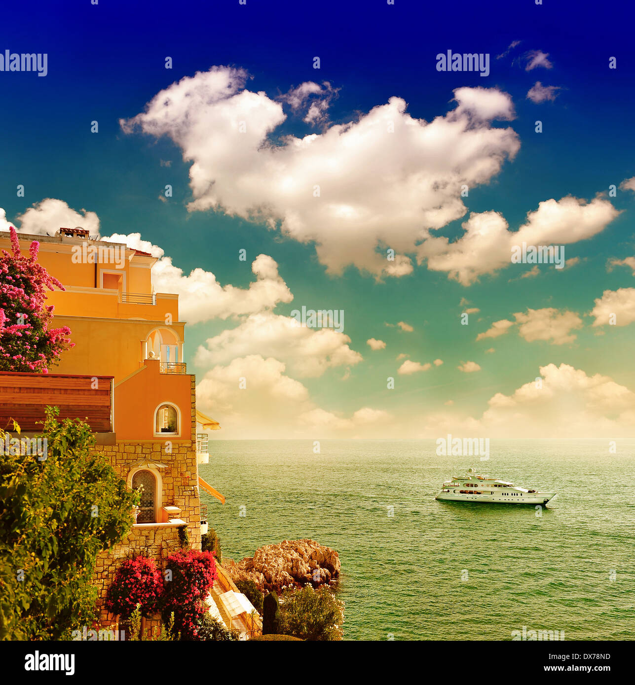 beautiful mediterranean sunset landscape. view of sea and luxury resort ...