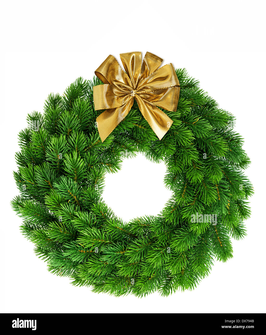 christmas wreath with golden ribbon bow decoration isolated on white ...