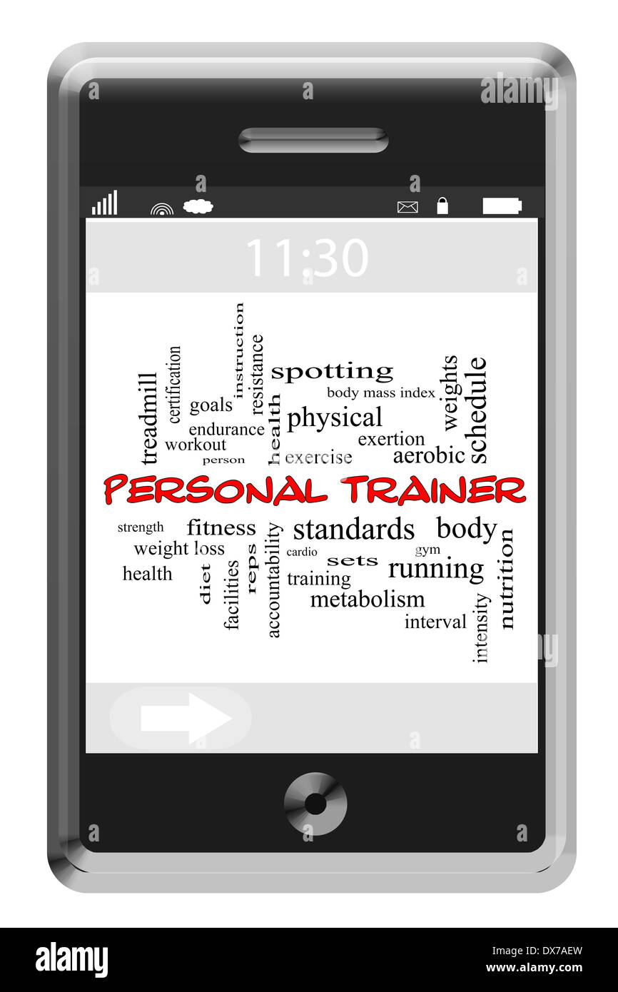 Personal Trainer Word Cloud Concept of Touchscreen Phone with great ...