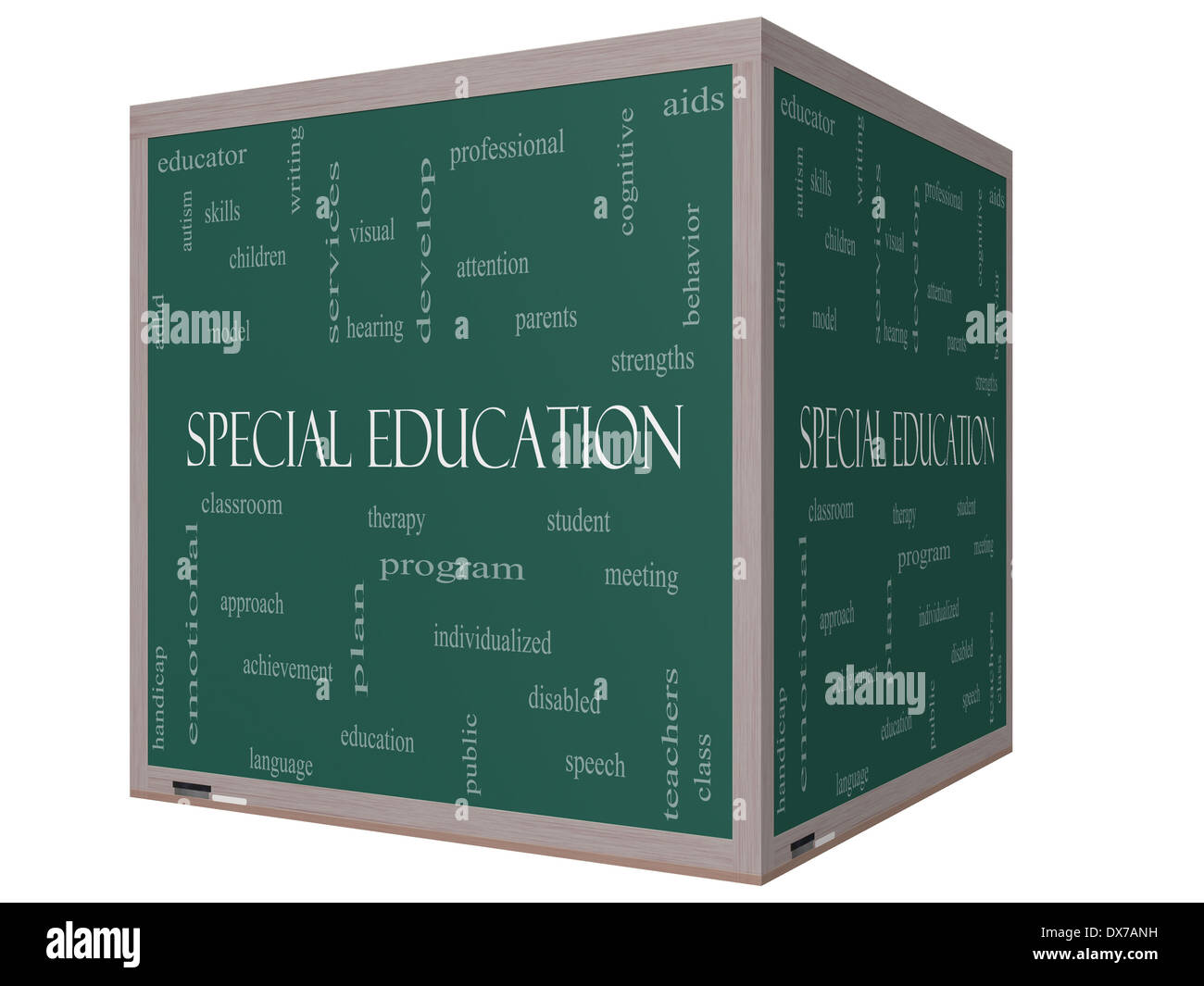 Special Education Word Cloud Concept On A 3d Cube Blackboard With Great