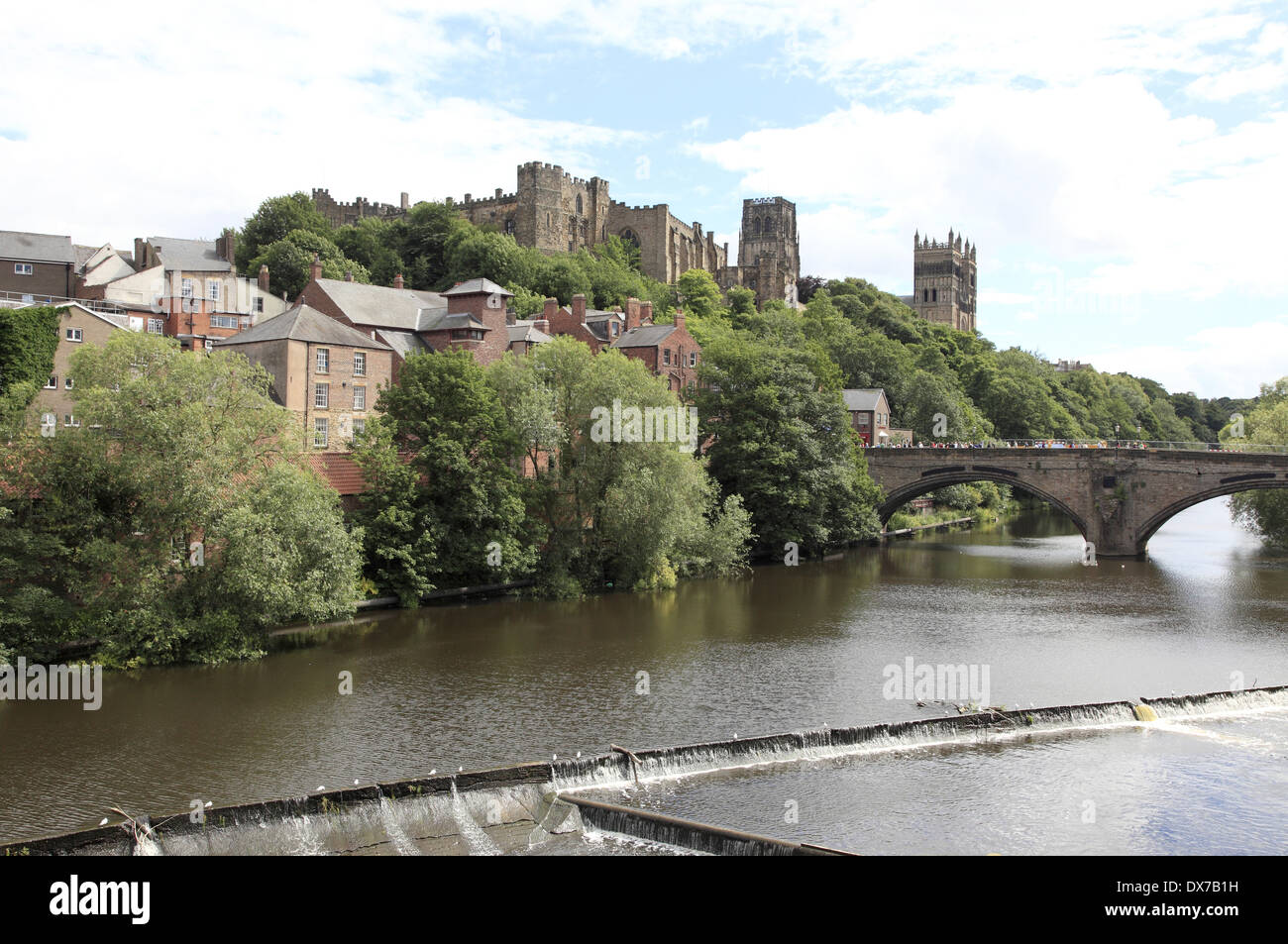U.K. Durham. River Wear, weirs, Silver St. Bridge + Durham Castle and ...
