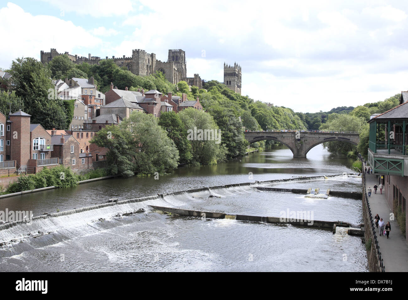 U.K. Durham. River Wear, weirs, Silver St. Bridge + Durham Castle and ...