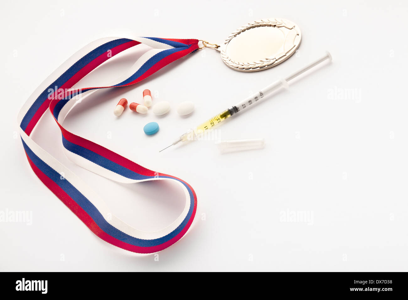 A set of a winner with a syringe, doping pills and a gold prize medal ...