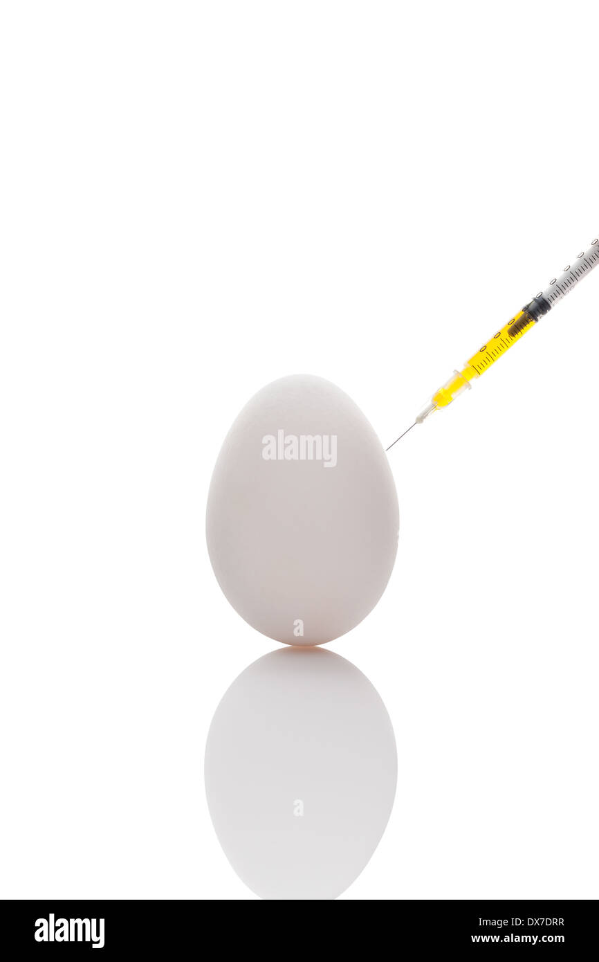 White egg yellow syringe injection on reflective surface Stock Photo ...