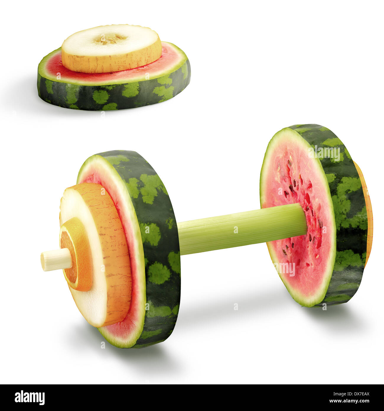The photo of sport equipment made of healthy fruits full of vitamins ...