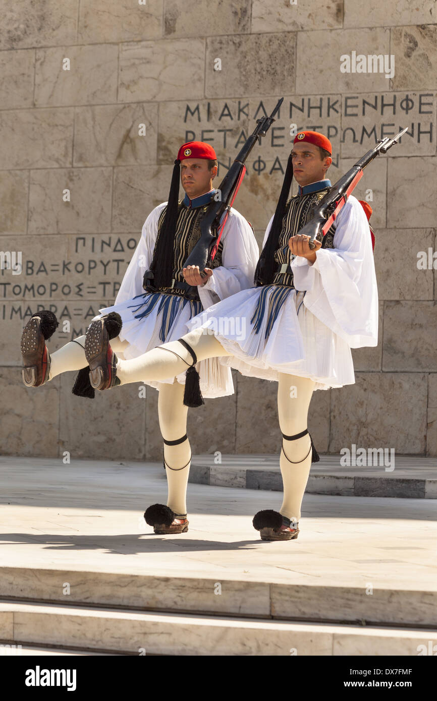 Greek soldiers, Evzones, marching beside Tomb of the Unknown Soldier ...