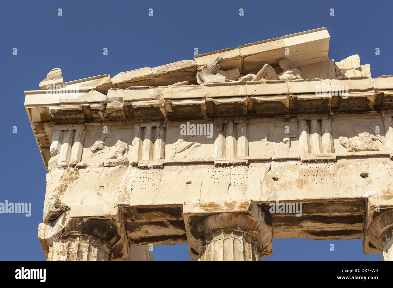 Close up of carved stone pediment of the Parthenon at the Acropolis ...