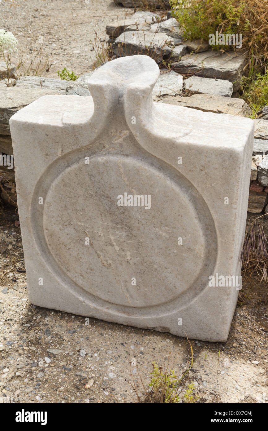 A carved stone exhibit, Delos Archaeological Site, Delos, near Mykonos ...