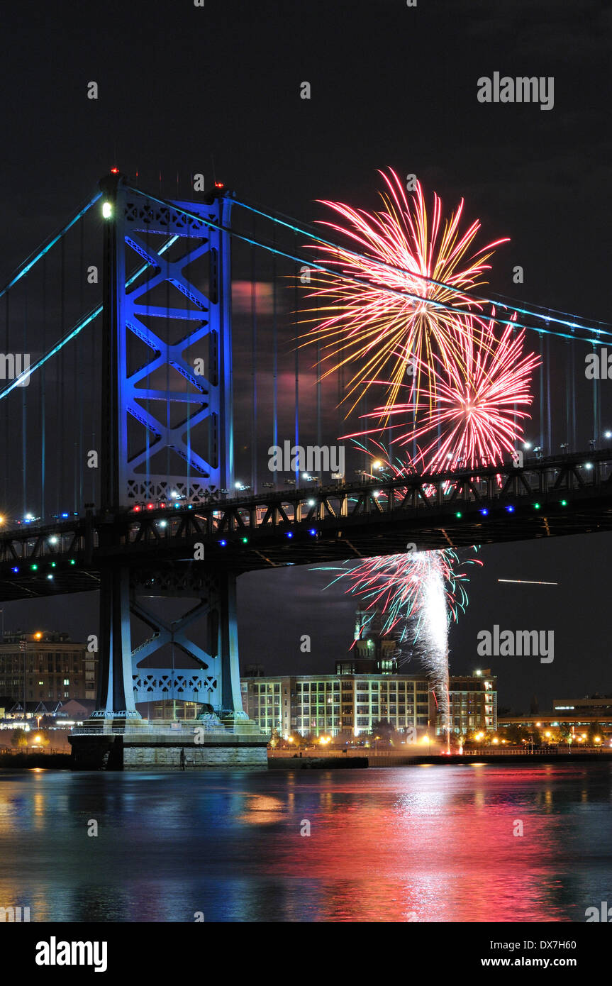 Fireworks over the Ben Franklin Bridge and the Delaware River between ...