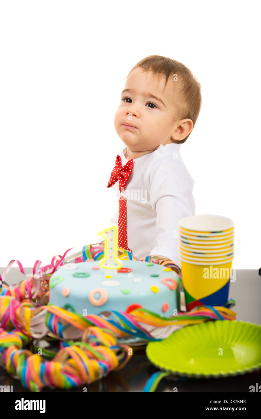First year birthday party of thinking little boy isolated on white ...