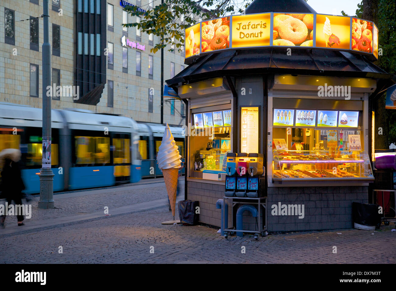 Europe, Scandinavia, Sweden, Gothenburg, Refreshments Stall and Tram in ...