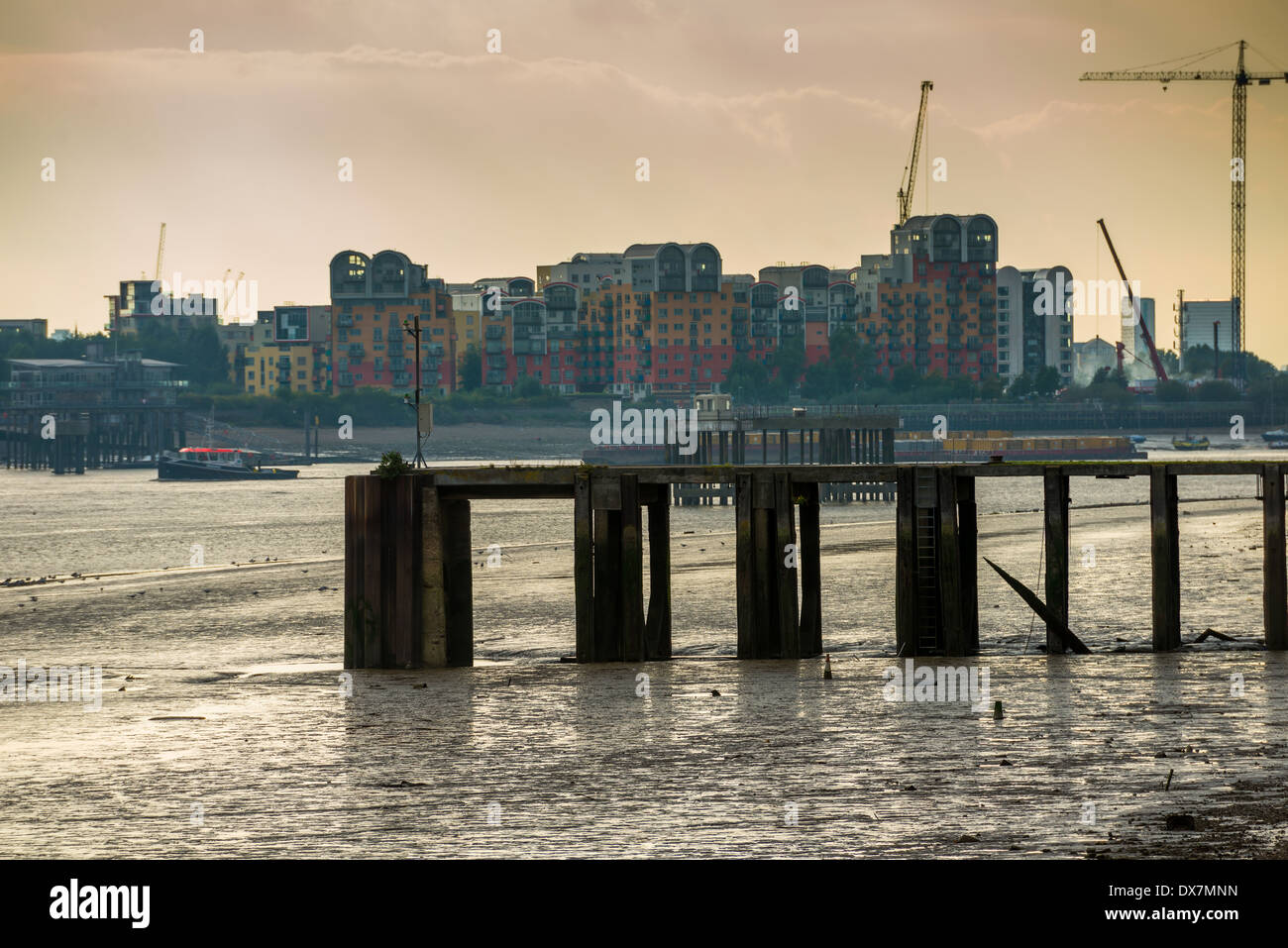 Tide out on the River Thames revealing mud banks; looking towards ...