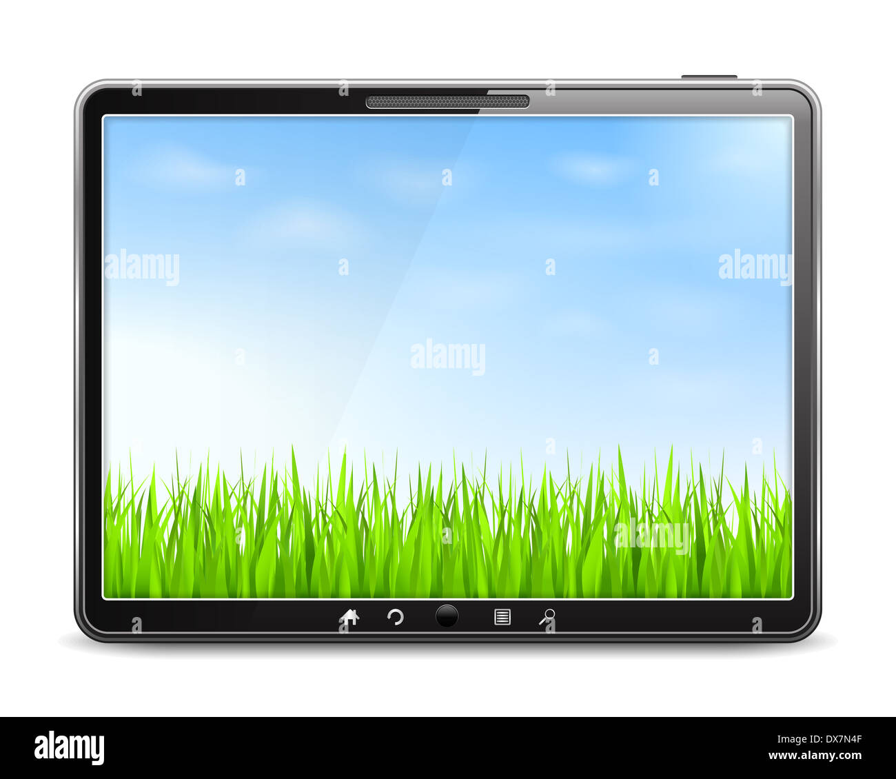 Tablet computer with blue sky and green grass on the screen Stock Photo ...