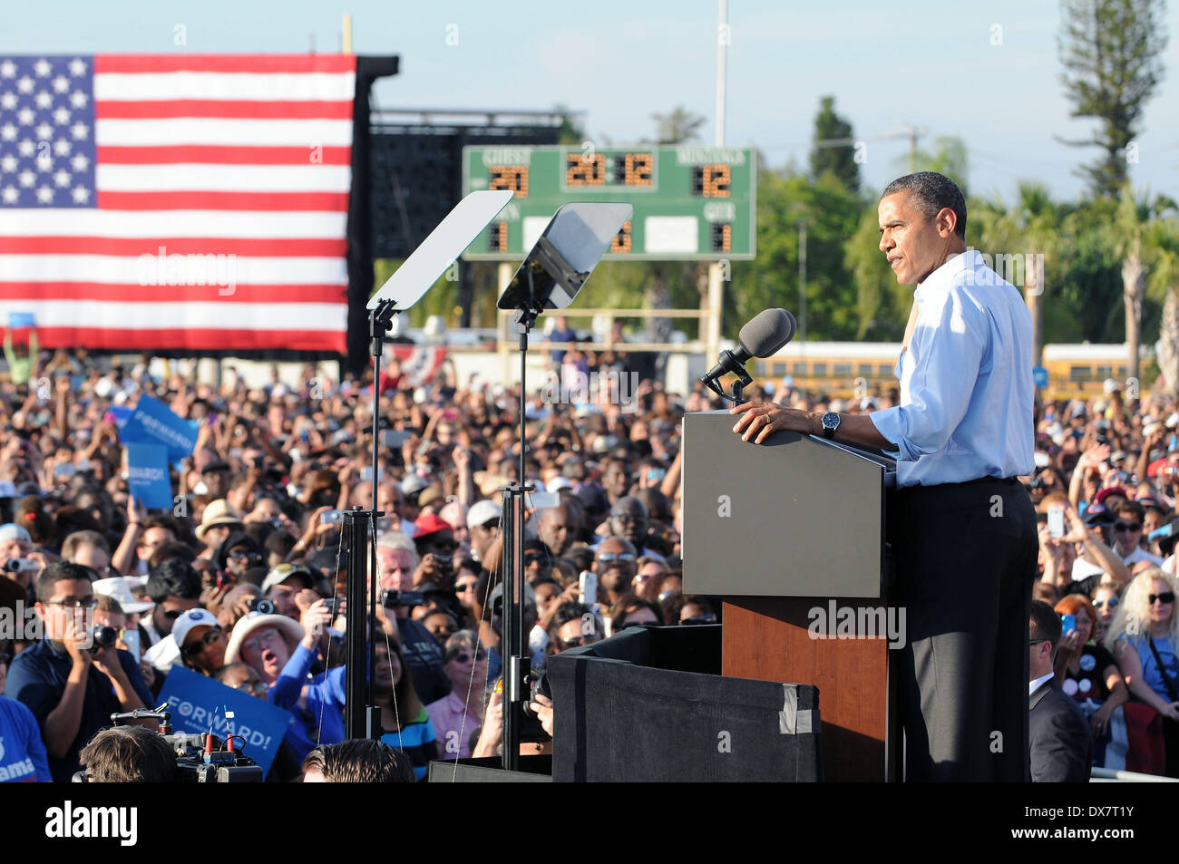 US President Barack Obama speaks at a rally at McArthur High School in ...