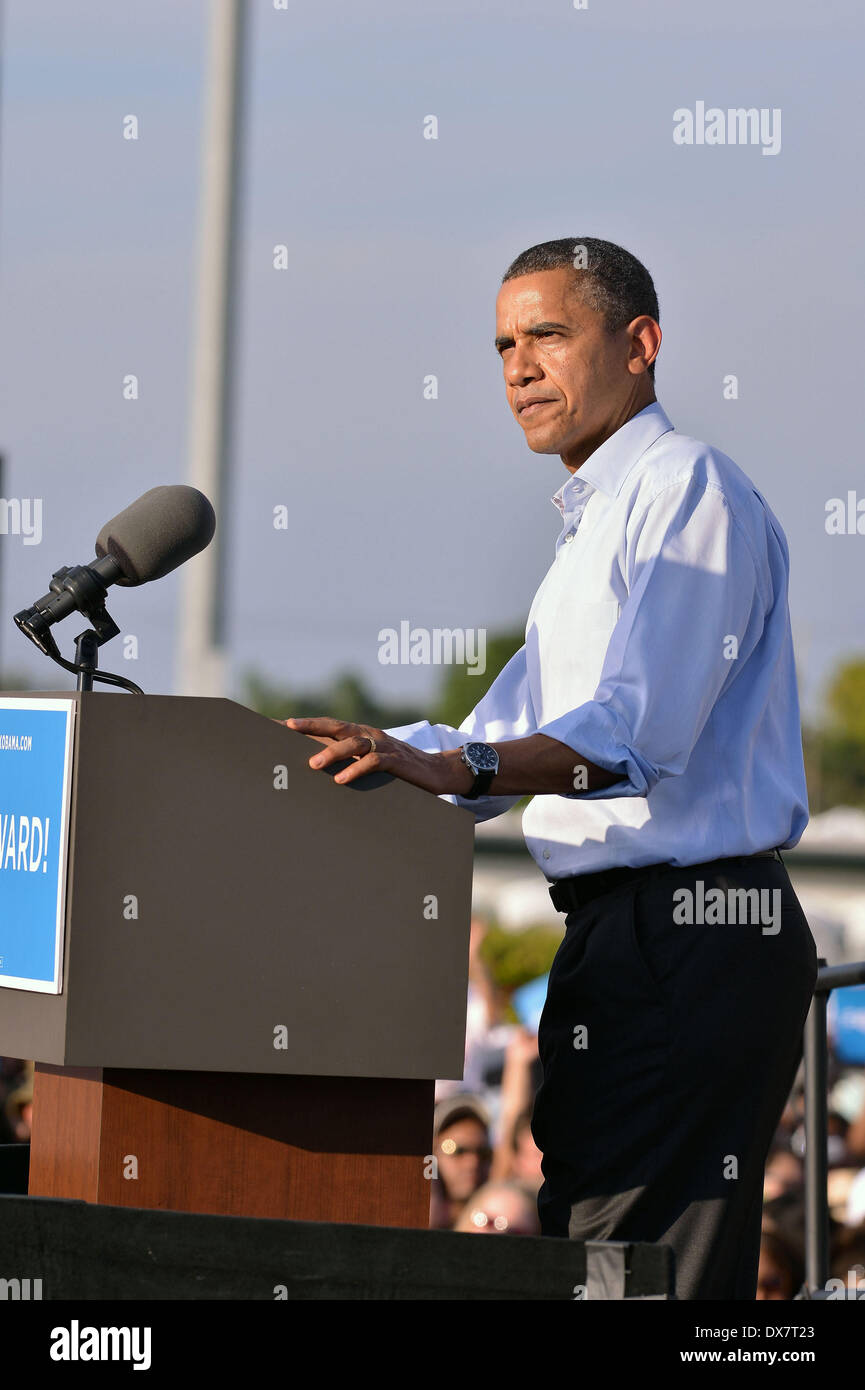 US President Barack Obama speaks at a rally at McArthur High School in ...
