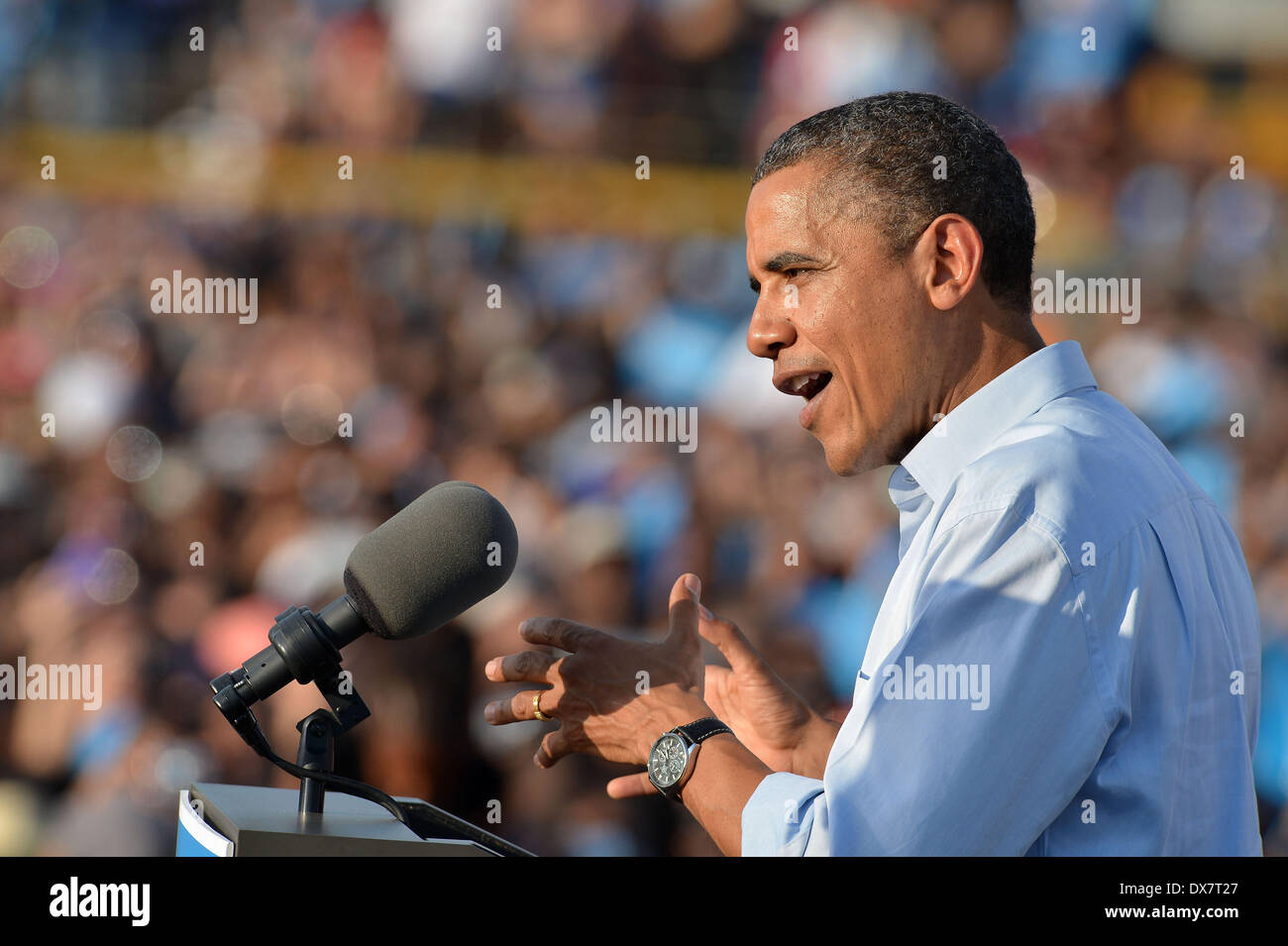 US President Barack Obama speaks at a rally at McArthur High School in ...