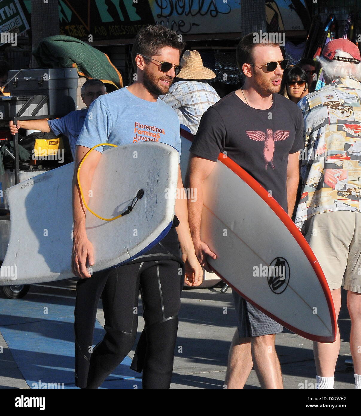 Topher Grace and Chris Evans filming their new movie on Venice Beach, a ...