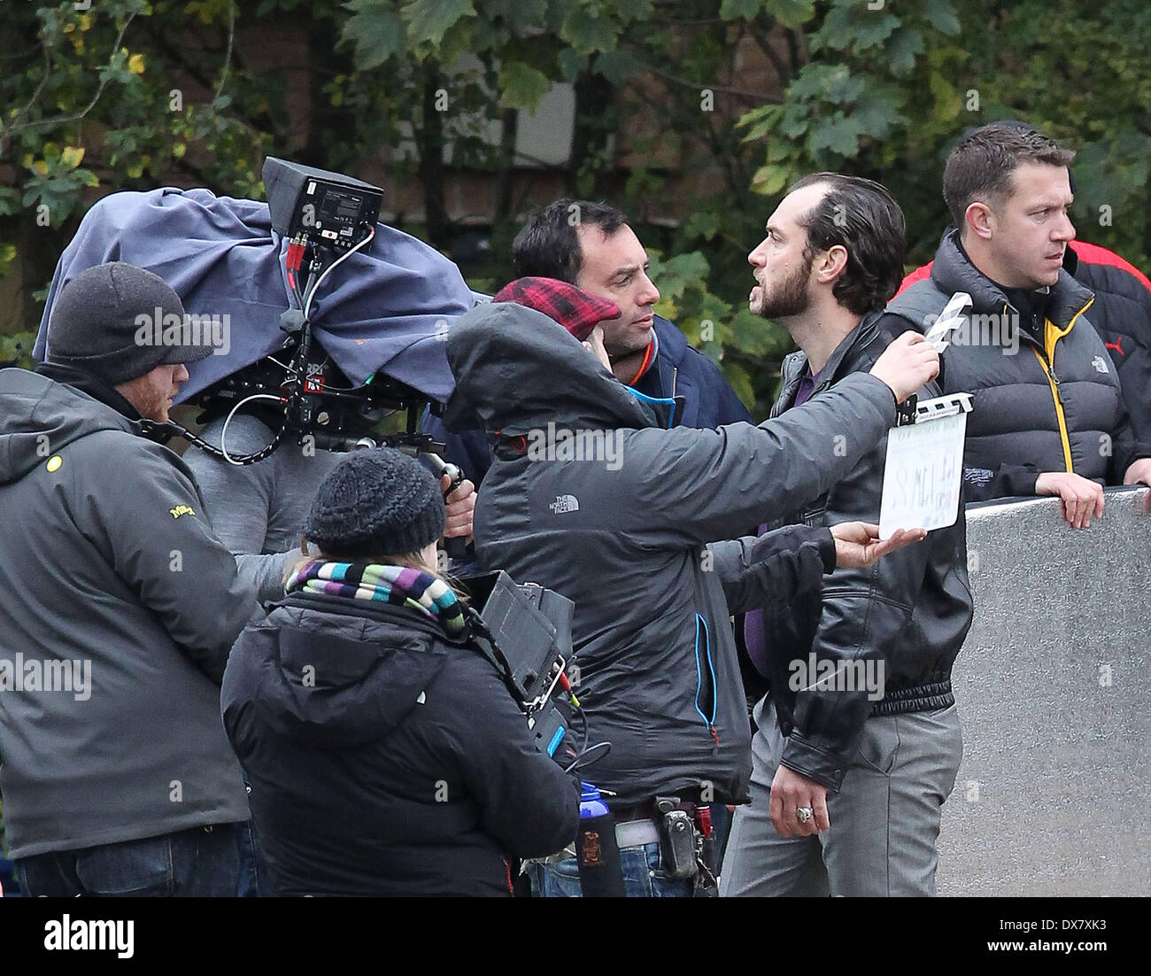 Jude Law on the film set of 'Dom Hemingway' filming on location by a ...