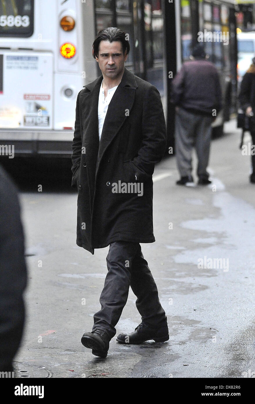 Colin Farrell filming on location for 'Winter's Tale' Featuring: Colin ...