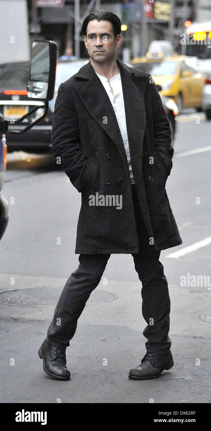 Colin Farrell filming on location for 'Winter's Tale' Featuring: Colin ...
