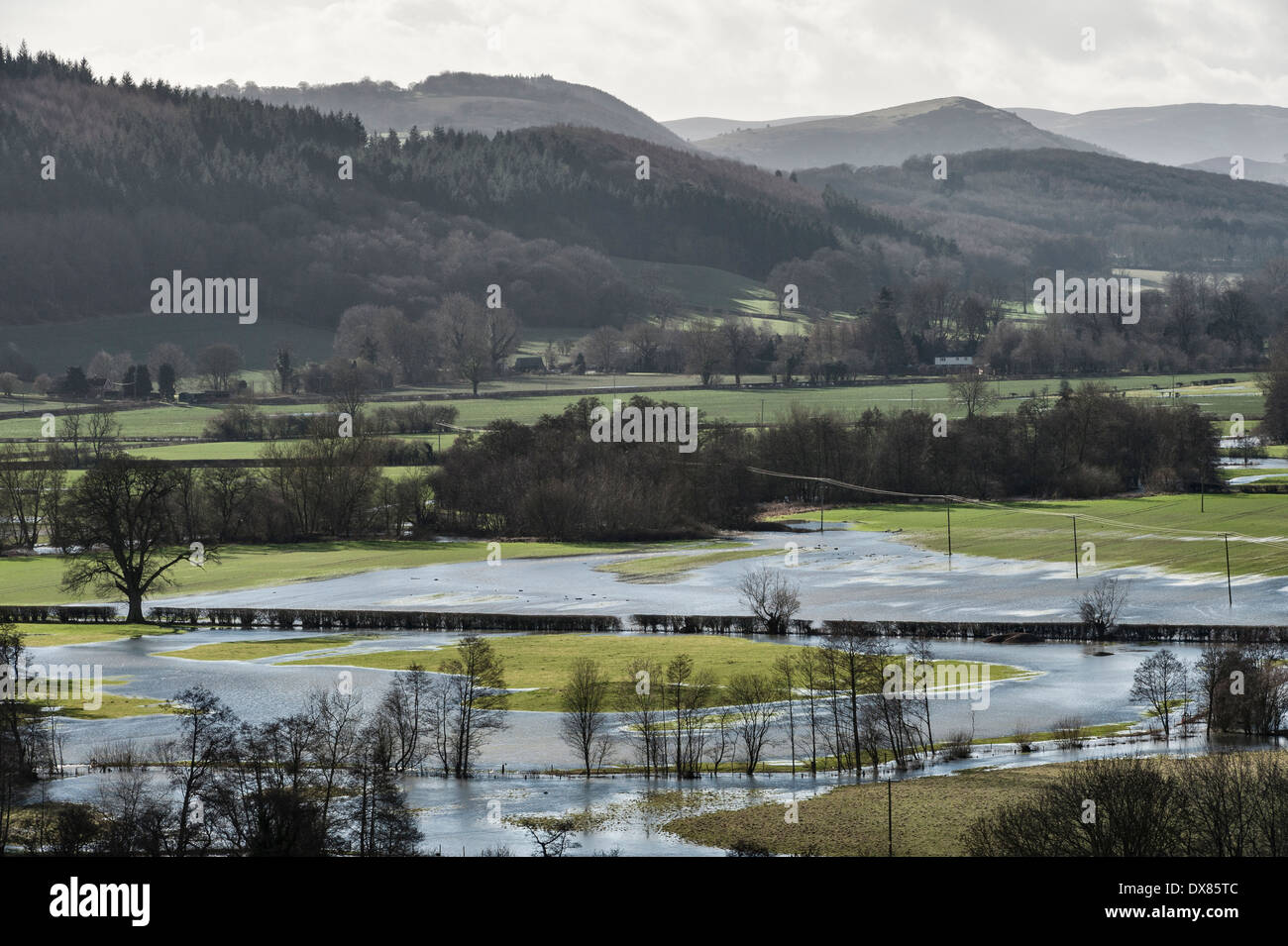Flooded farmland in the Lugg valley near Presteigne, Powys, Wales Stock ...