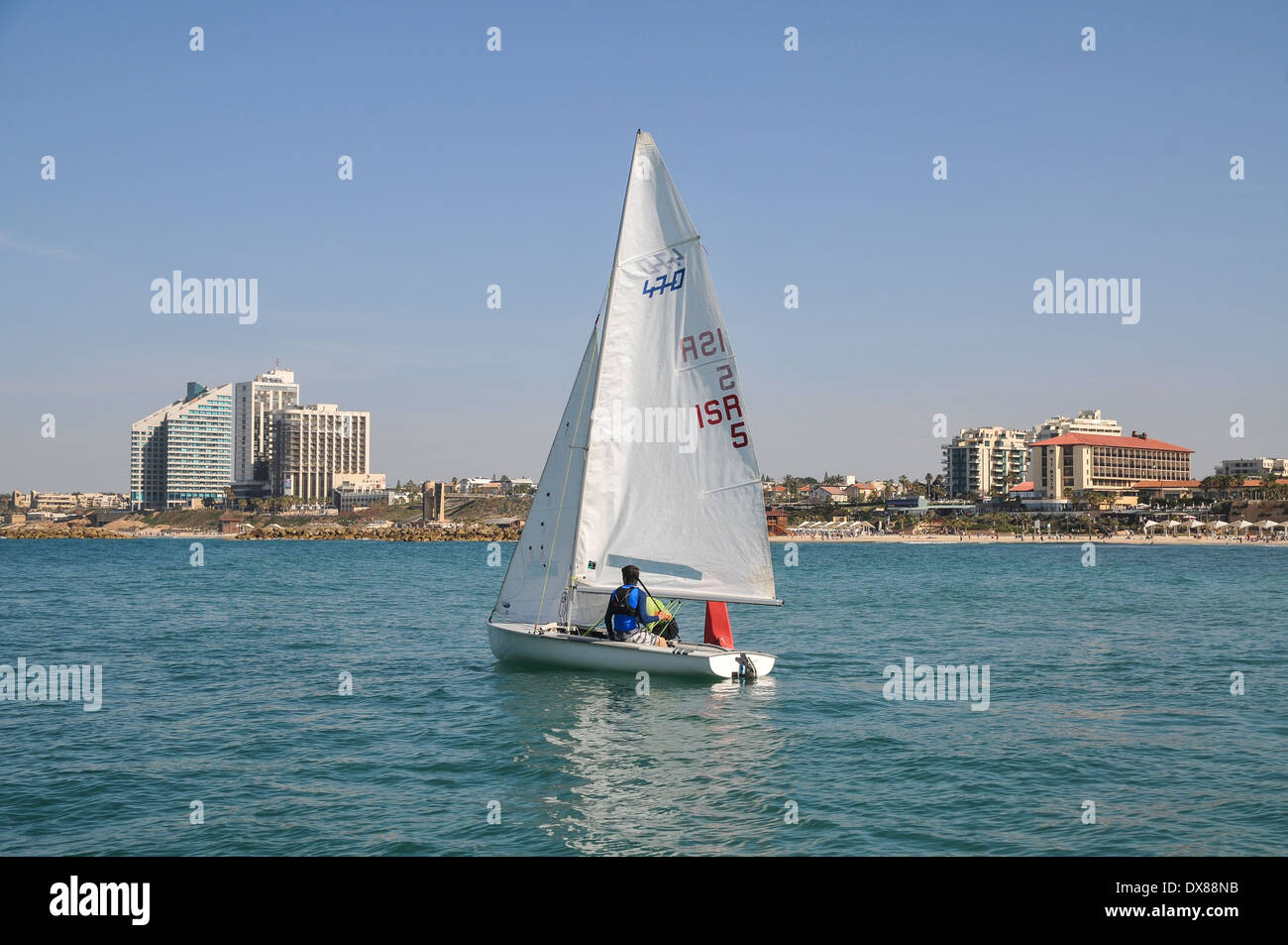 Sail boat in the Mediterranean Sea. Photographed in Israel, Herzlya ...