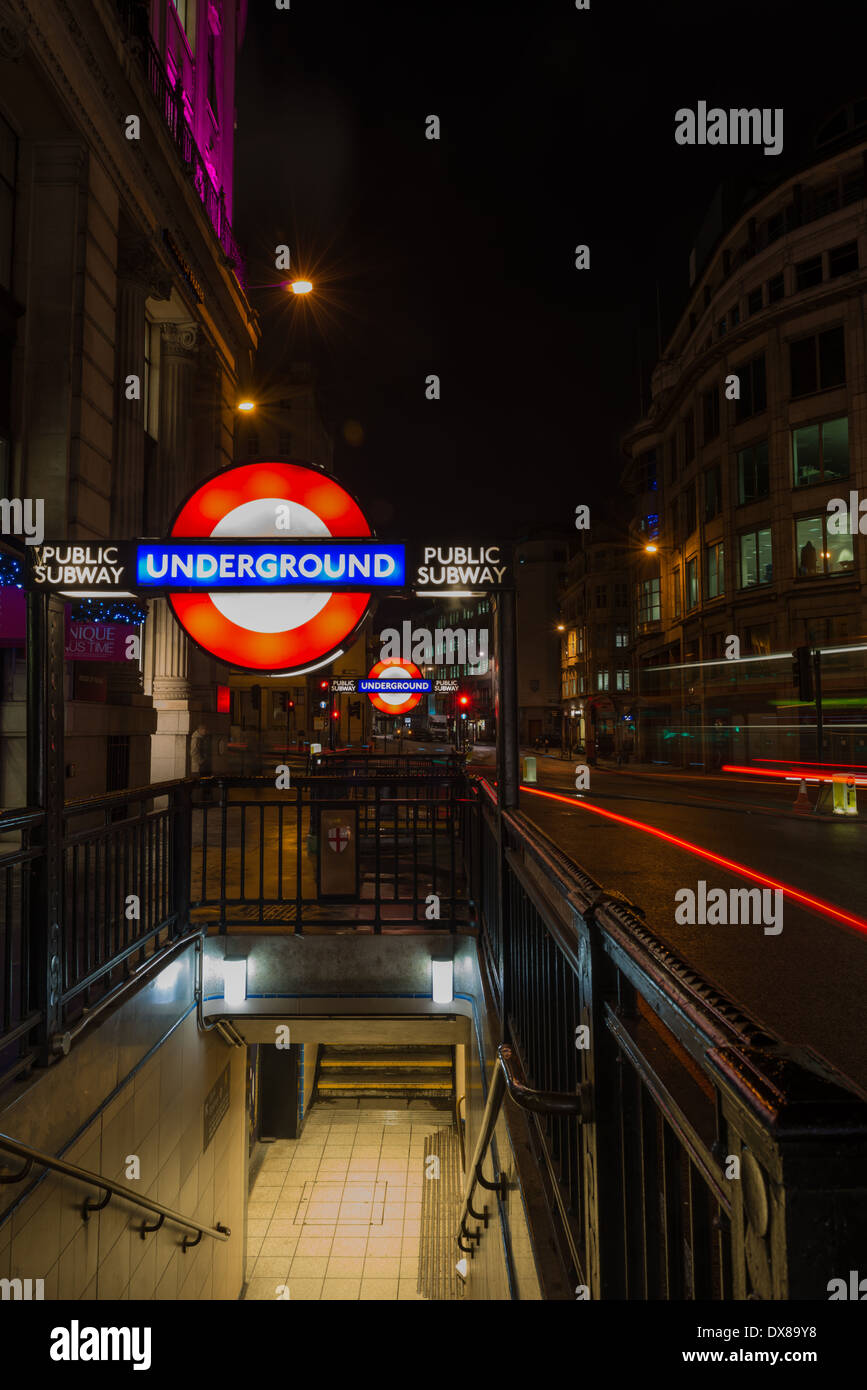 Monument London Underground station and subway at night as the traffic ...