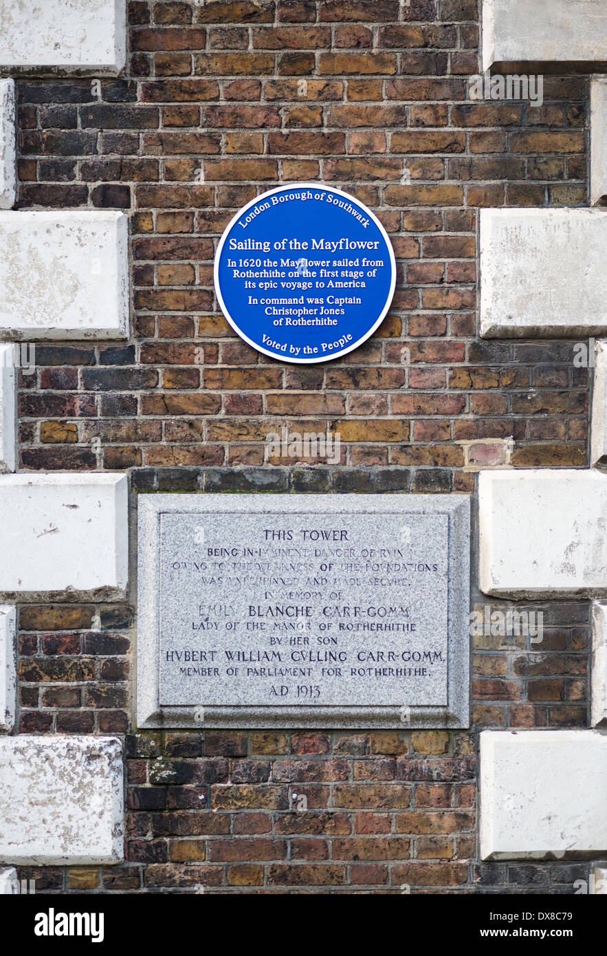Plaque in Rotherhithe commemorating the Mayflower ship which in 1620 ...